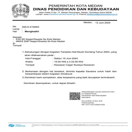 Surat Untuk Menghadiri Kolaborasi Budaya di Medan | PDF