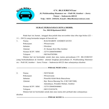 Surat perjanjian sewa mobil | DOC
