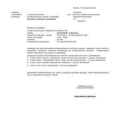 Surat permohonan untuk diterima menjadi tenaga pengabdi KABUPATEN MUNA ...