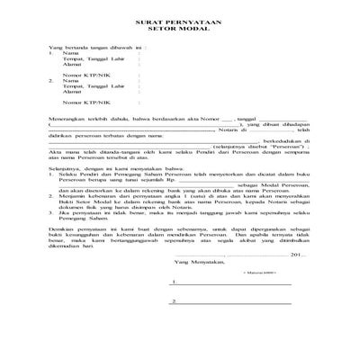 Surat pernyataan setor modal para pendiri Perseroan Terbatas | DOCX