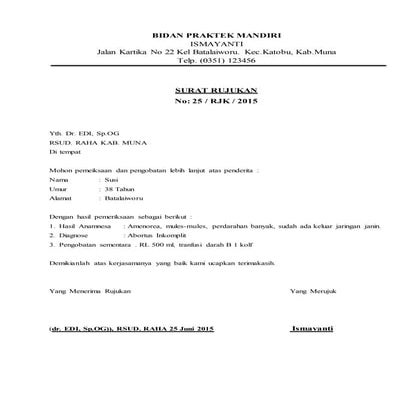 Contoh surat rujukan kebidanan