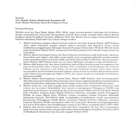 Surat Haris Azhar mundur dari Saksi 02 di MK | PDF