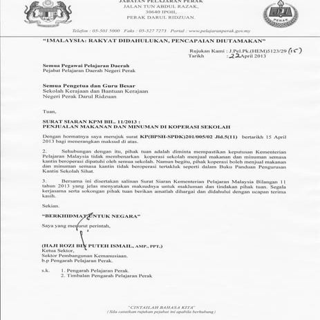 Surat siaran penjualan makanan dan minuman di koperasi sekolah | PDF