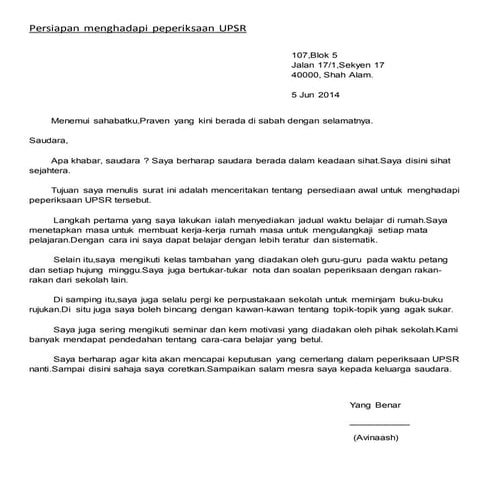 Surat tidak rasmi upsr | DOCX