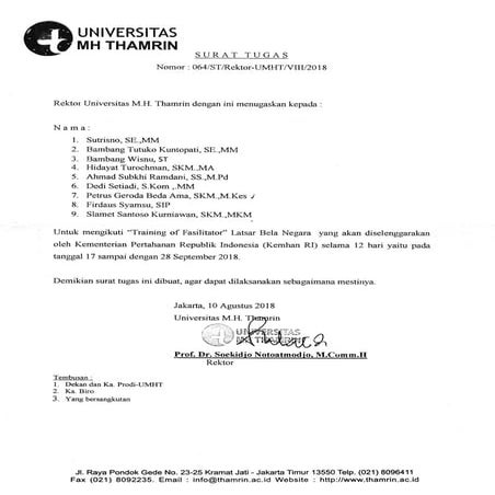 Surat tugas training of fasilitator latihan bela negara | PDF