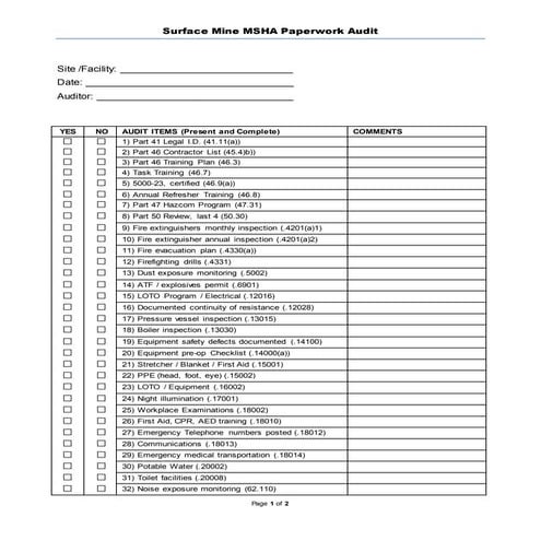 Surface mine paperwork audit template | DOCX