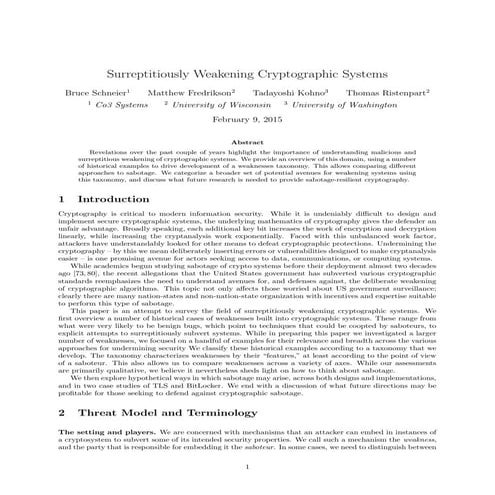 Surreptitiously weakening cryptographic systems | PDF