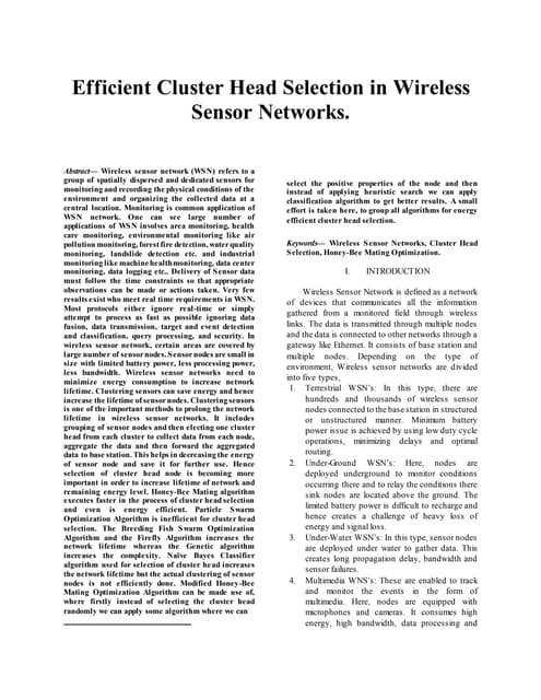 Efficient Cluster Head Selection In Wireless Sensor Networks Docx