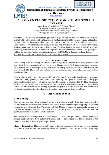 Survey On Classification Algorithms Using Big Dataset Pdf