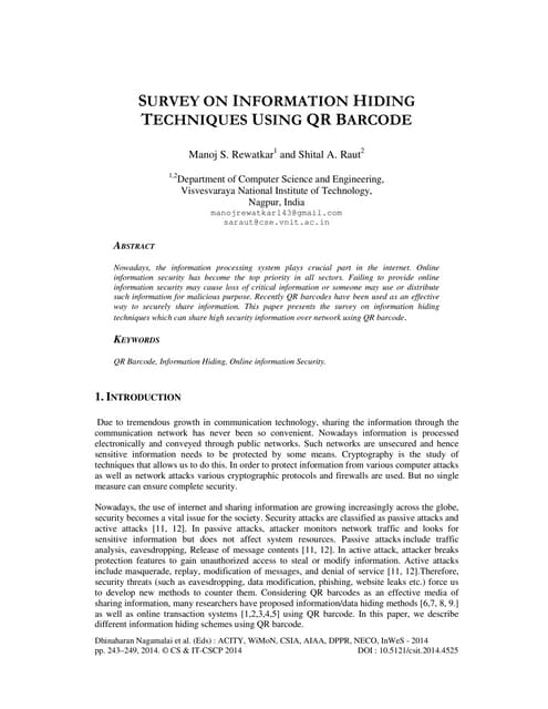Survey On Information Hiding Techniques Using Qr Barcode Pdf Programming Languages Computing