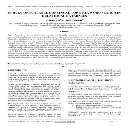 Survey On Scalable Continual Top K Keyword Search In Relational Databases Pdf Databases