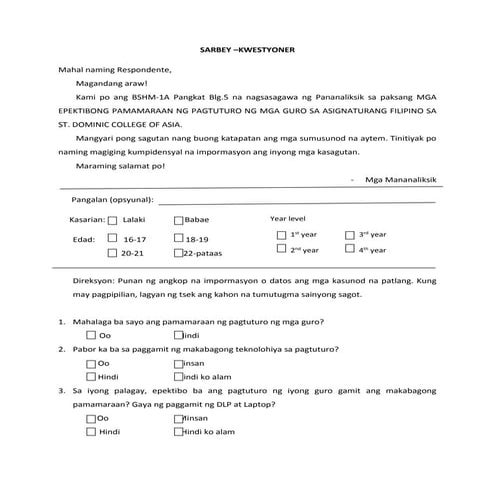 Survey questionaire @ Filipino | DOCX