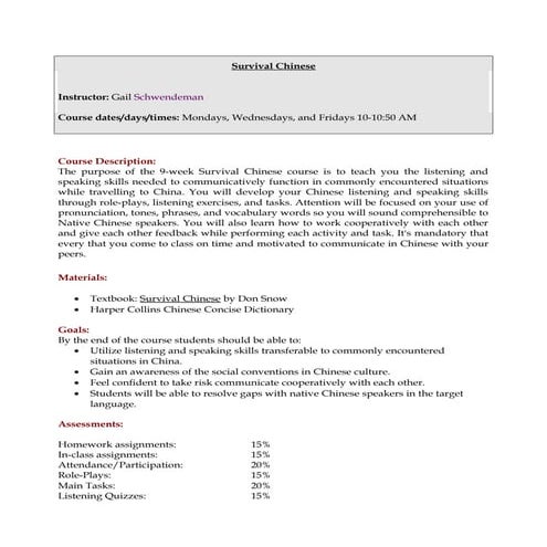 Survival chinese syllabus | DOC
