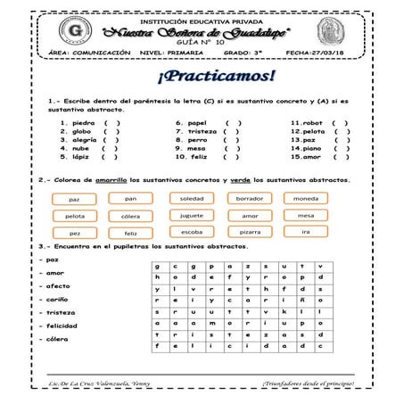 Hoja De Trabajo De Sustantivos Abstractos Concretos Ficha De