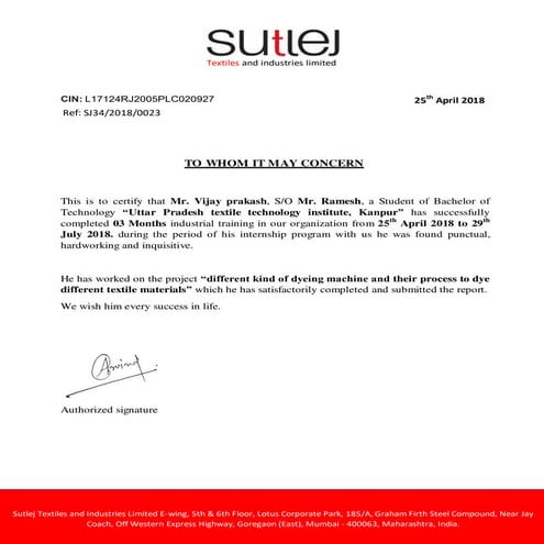 Sutlej 3 months internship | PDF