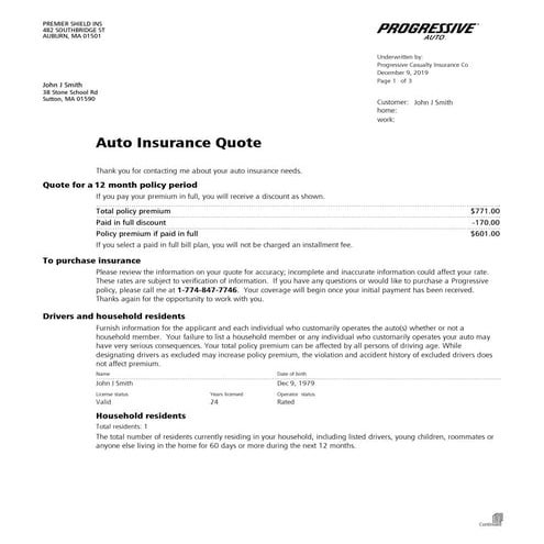 Auto Insurance Quote Example Sutton MA | PDF