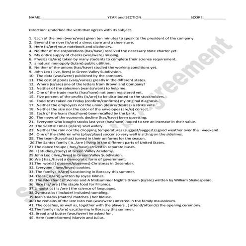 Subject-verb agreement quiz | DOCX