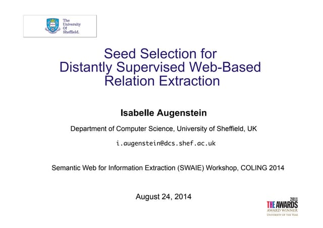 Seed Selection For Distantly Supervised Web Based Relation Extraction Ppt