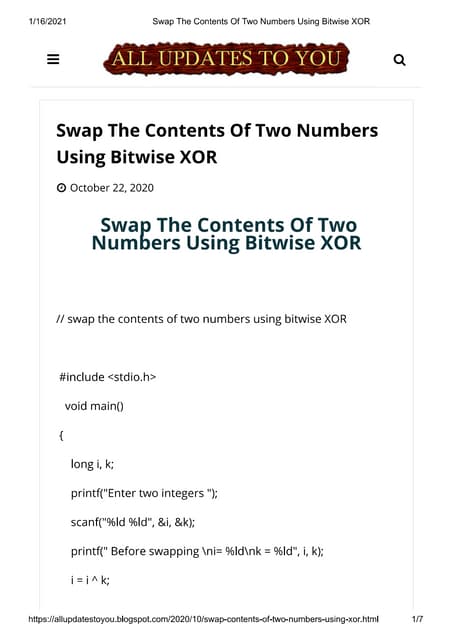 Swap The Contents Of Two Numbers Using Bitwise Xor Pdf