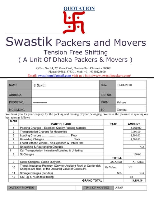 Quotations format for Packers and Movers Companies in India | PDF