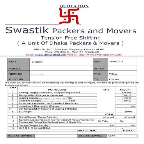 Quotations format for Packers and Movers Companies in India