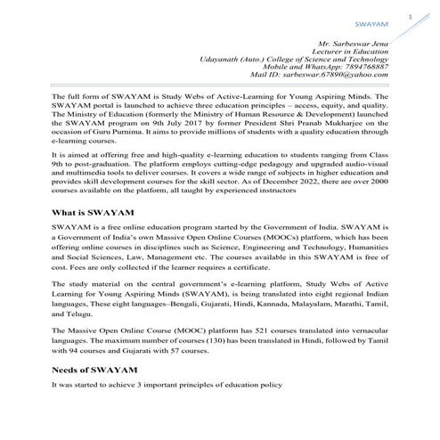 SWAYAM PDF | Notes on SWAYAM| Study Webs of Active Learning for Young ...