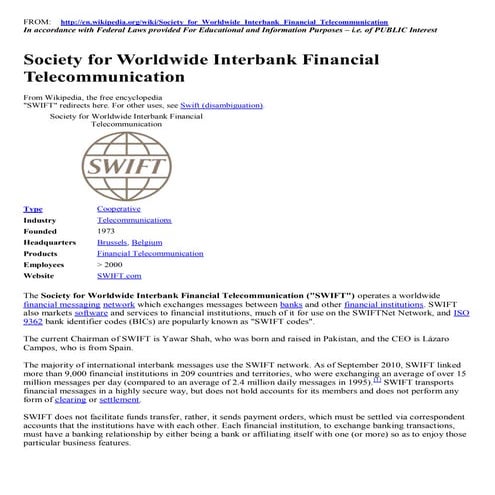 Swift society worldwideinterbankfinancialtelecommunication | PDF