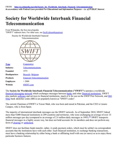 SWIFT: The Backbone of Global Financial Transactions | PDF