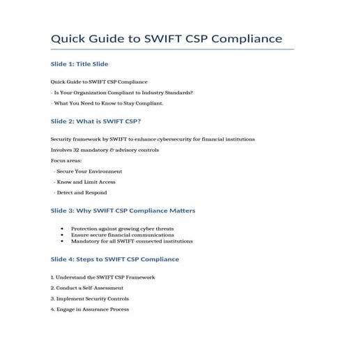 Mastering SWIFT CSP: Your End-to-End Compliance Handbook | PDF