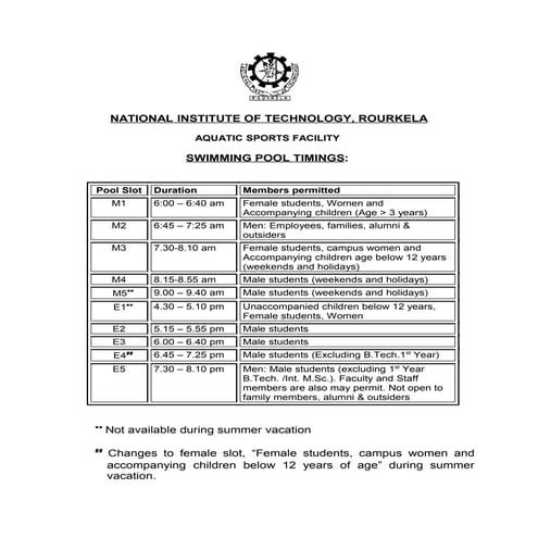 Swimming timetable | DOC