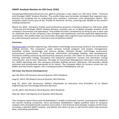 Swot analysis review on cdi corp. (cdi) | DOCX | Business Accounting ...