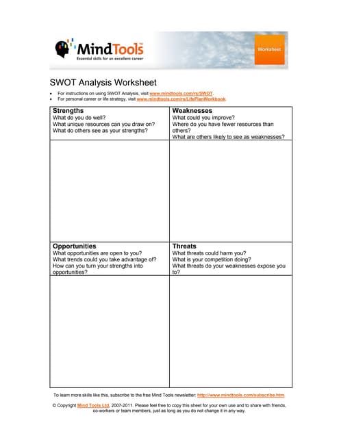 Swot Analysis Worksheet SWOT Matrix Template With Grid Layout