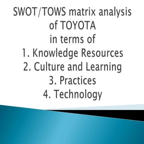 SWOT/TOWS analysis of Toyota on basis of knowledge management | PPTX