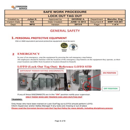 Lock Out Tag Out Safe Work Procedure | PDF