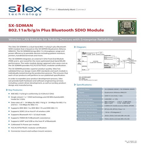 802.11a/b/g/n plus Bluetooth SDIO Radio Module | PDF