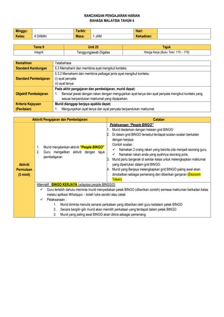 RPH Pembelajaran Aktif Bahasa Melayu (Aktiviti Role Play) Tahun 4 | PDF
