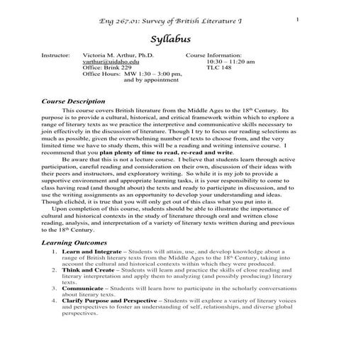 Eng 267 Syllabus | PDF | Homework and Study | Education