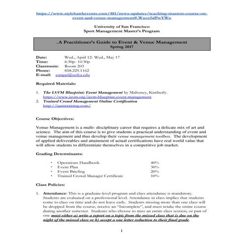 A Practitioner's Guide to Event & Venue Management- Syllabus | PDF