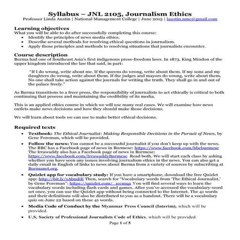 Syllabus: JNL-2105, Journalism Ethics, Professor Linda Austin, National ...