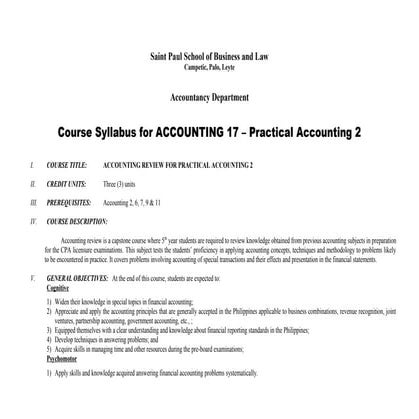 Course Syllabus for ACCOUNTING 17 – Practical Accounting 2 | PPT