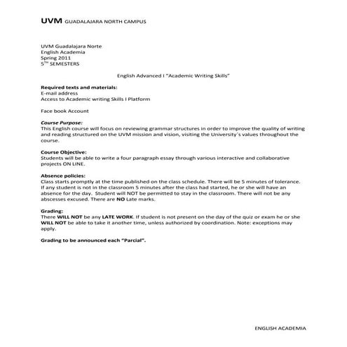 Syllabus advanced advanced i academic writing skills academia | DOCX