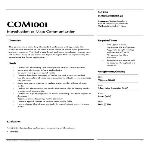 Intro to Mass Communications Syllabus | PDF