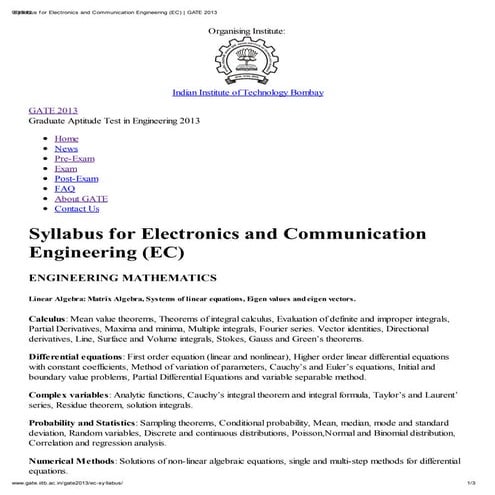 Syllabus for electronics and communication engineering (ec) gate 2013 | PDF