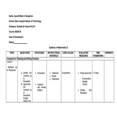 Mathematics For Grade Two School Year 2024 2025 | DOCX