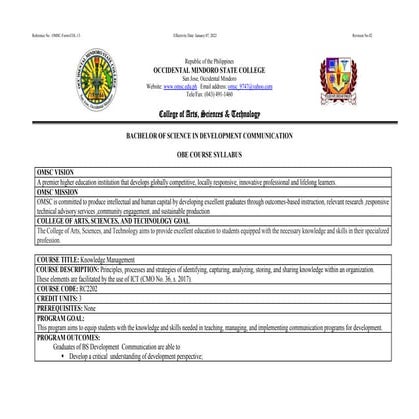 Syllabus_Knowledge Management_OBE_2022-2023.pdf | Educational Assessment | Education