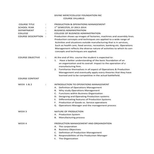 Syllabus on operations and production mgt | DOC