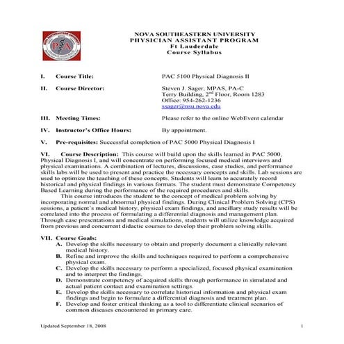 PAC 5100 Physical Diagnosis II Syllabus | PDF