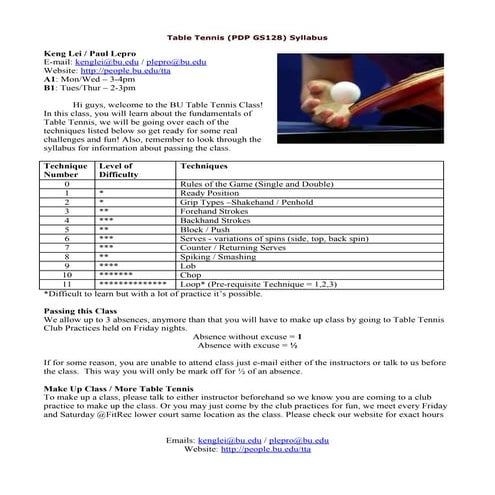 Syllabus table tennis class | DOCX