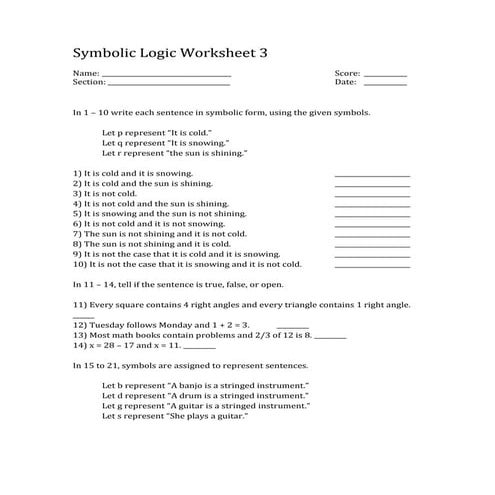 Symbolic Logic Worksheet 3 Pdf 