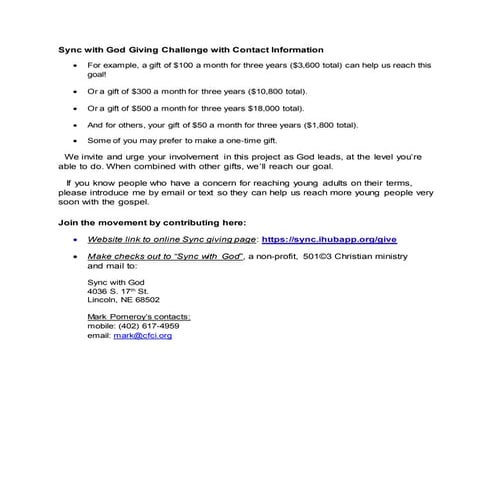 Sync with God Giving Challenge with Contact Information | DOCX
